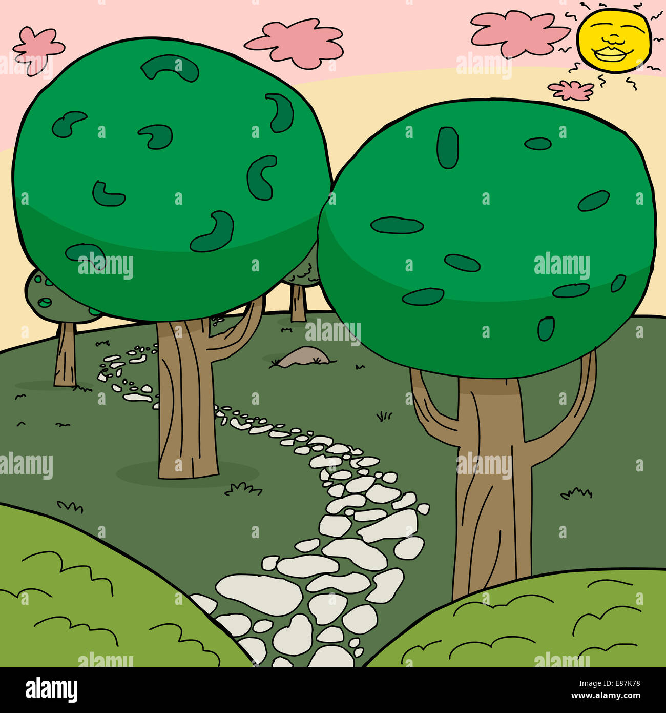 Empty stone path winding through cartoon forest background Stock Photo ...