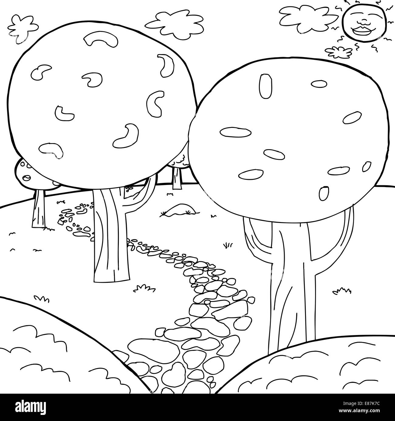 Cartoon background outline with trees and stone path Stock Photo - Alamy