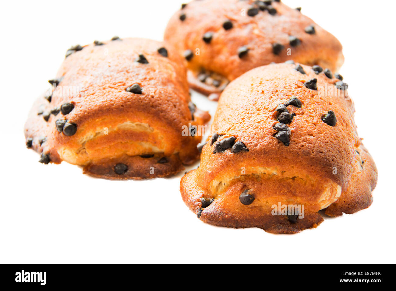chocolate chip bread pastry and filling insied on white Stock Photo - Alamy
