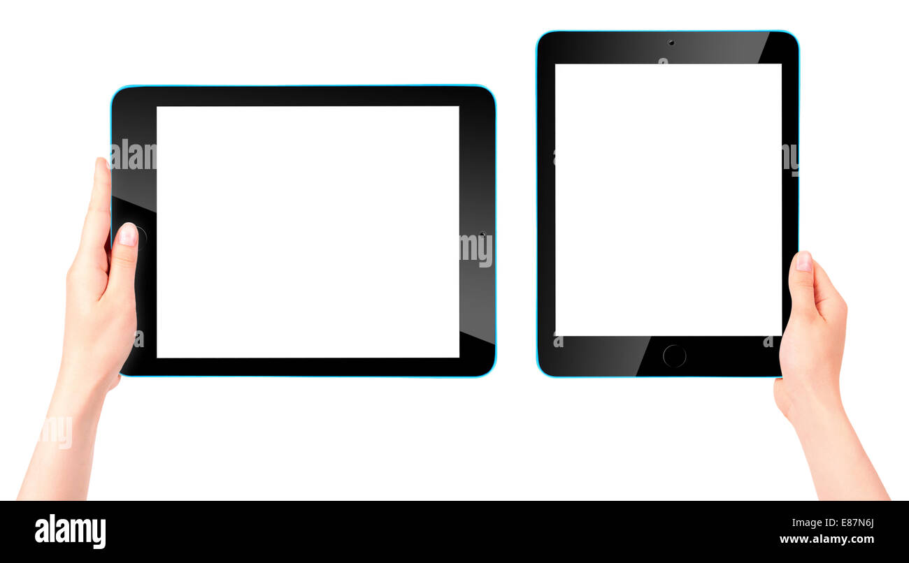 Touch screen tablet computer with blank screen and woman hand isolated ...