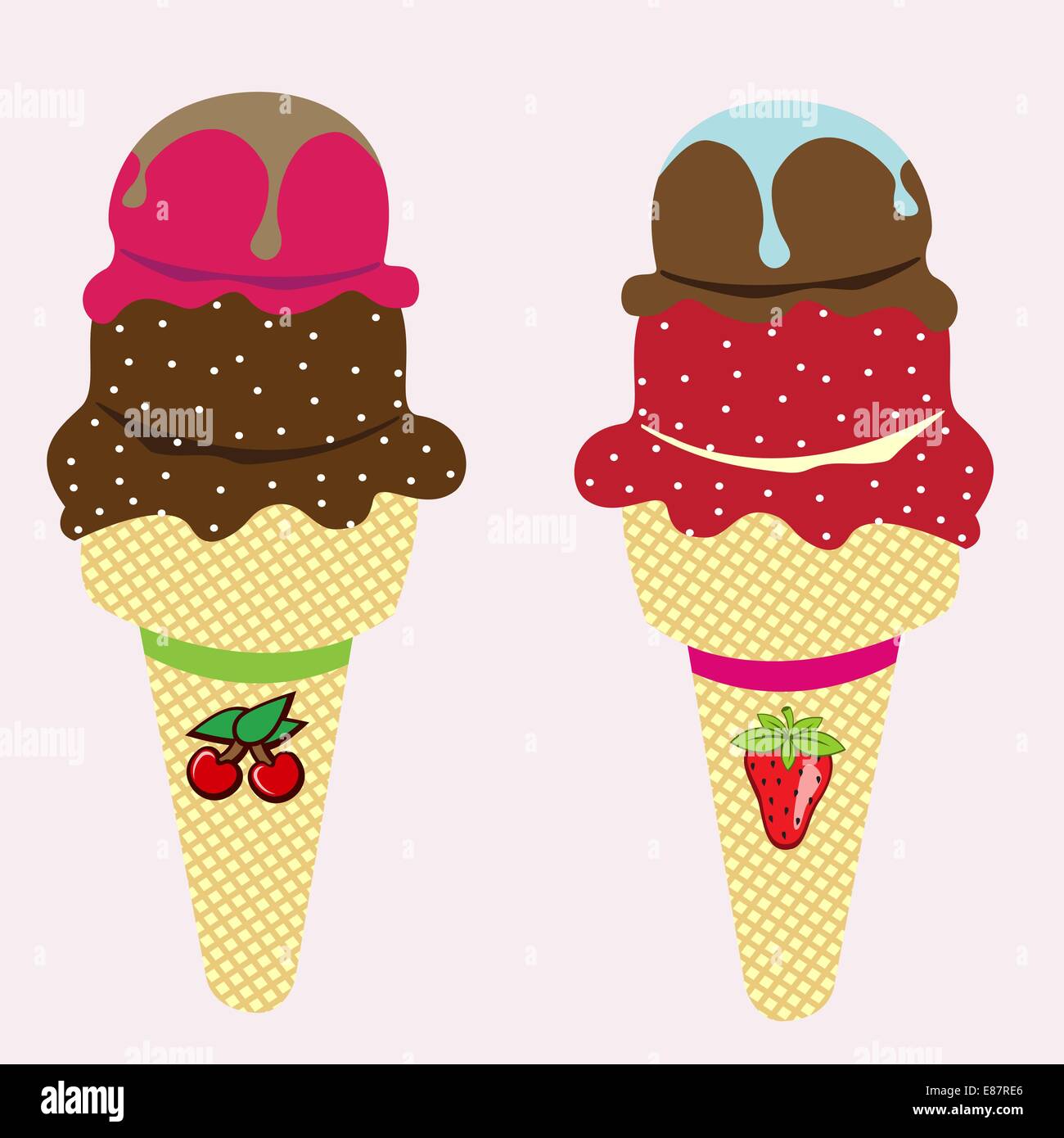 Vector illustration of cool ice cream cones with different flavors ...