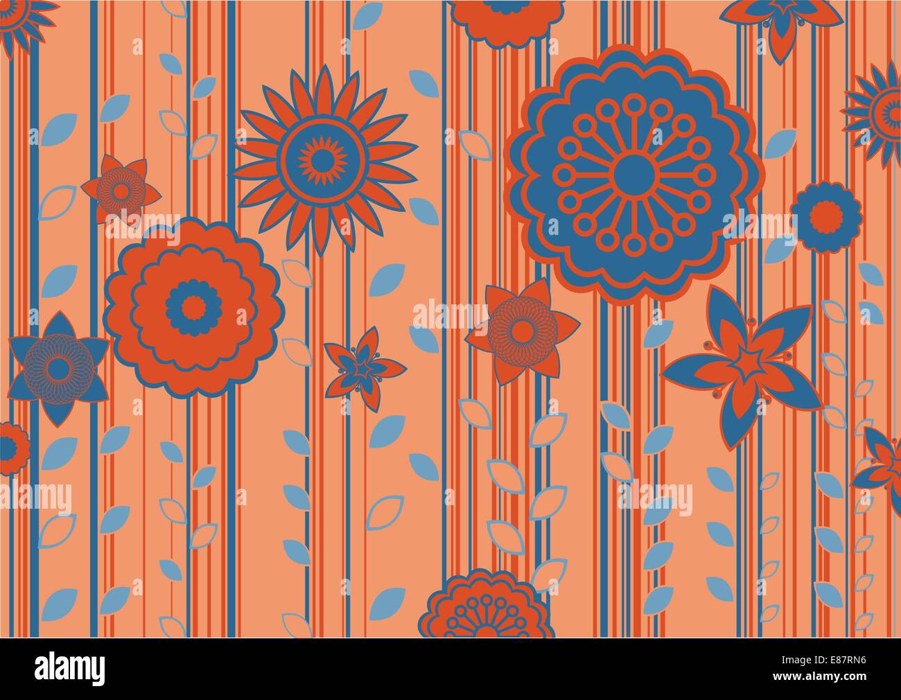 Vector illustration of funky flowers and leaves retro pattern on red ...