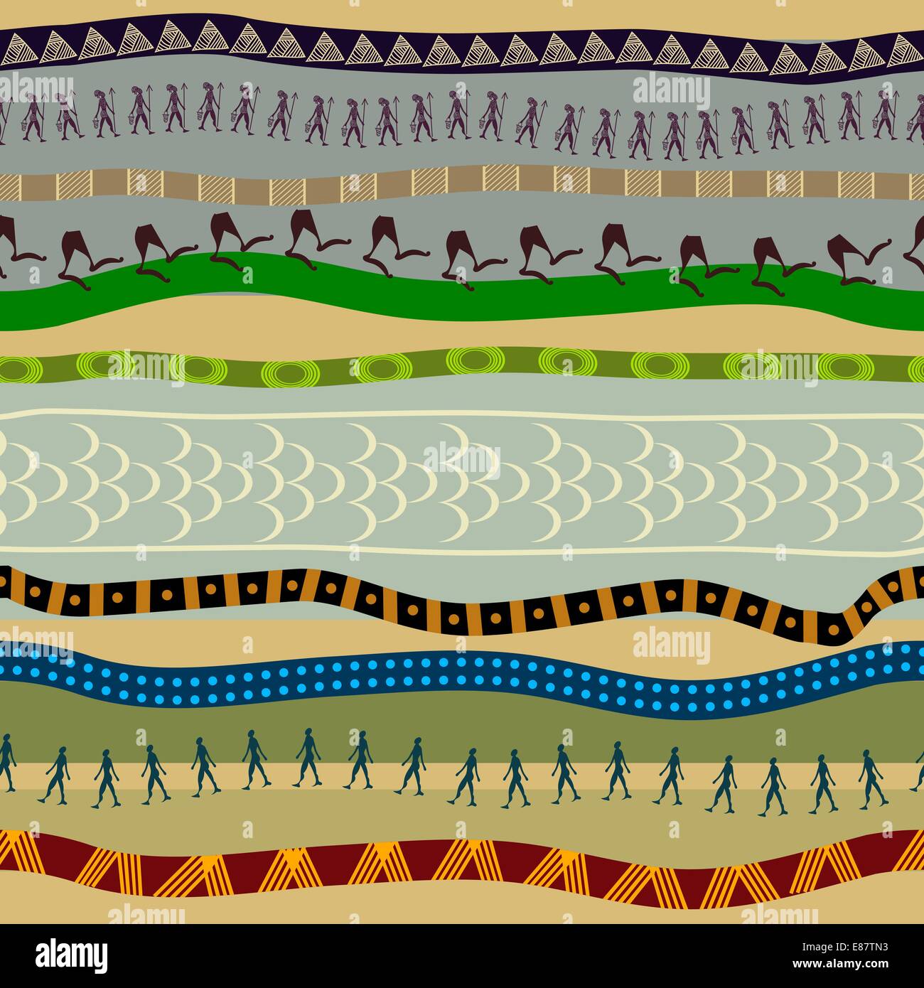 Seamless pattern with primitive patterns and shapes of people. Tribal ...