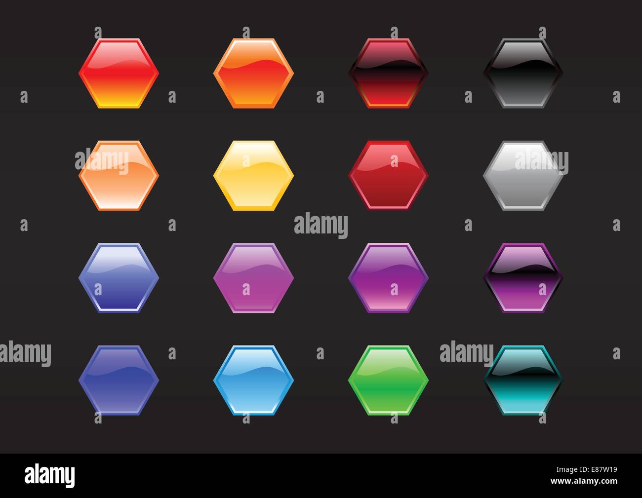 Vector illustration of modern, shiny, hexagon shape buttons on the ...