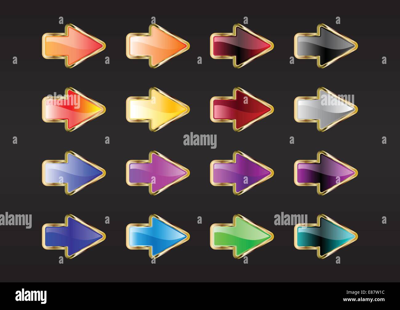 Vector illustration of modern, shiny, arrow buttons on the black ...