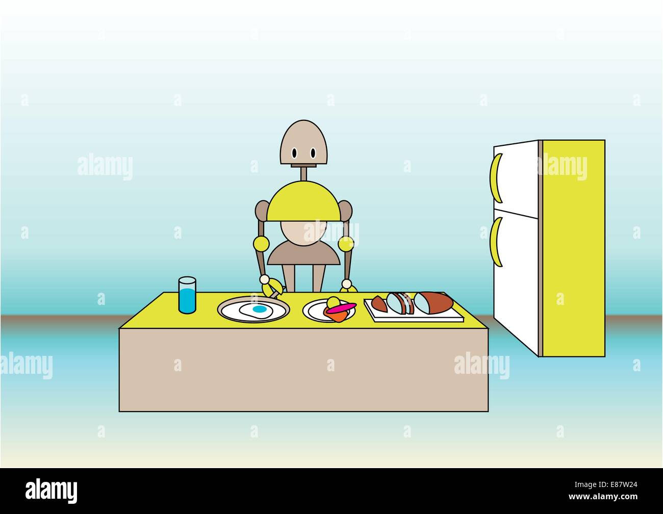 Vector illustration of comic robot on the kitchen, near the table with ...