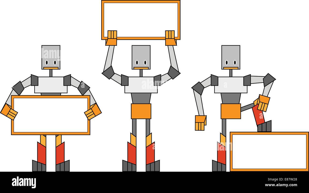 Vector illustration of the funky robots holding the placard Stock ...