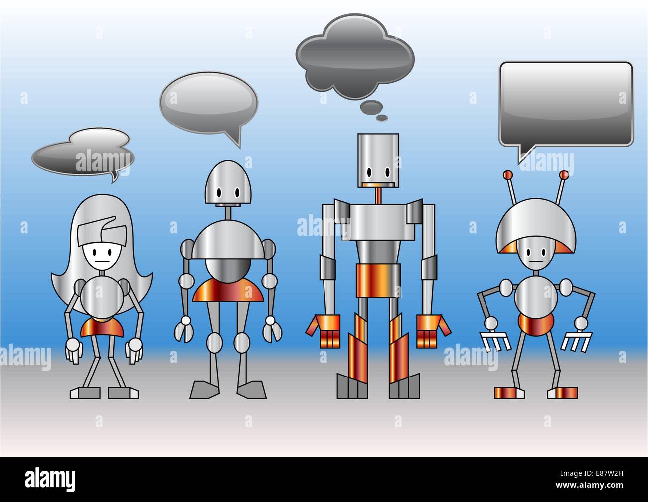 Vector Illustration of funny robots family decorated with comics ...