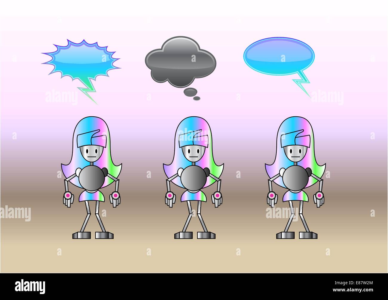 Vector illustration of funky robot-girls with comics bubbles Stock ...