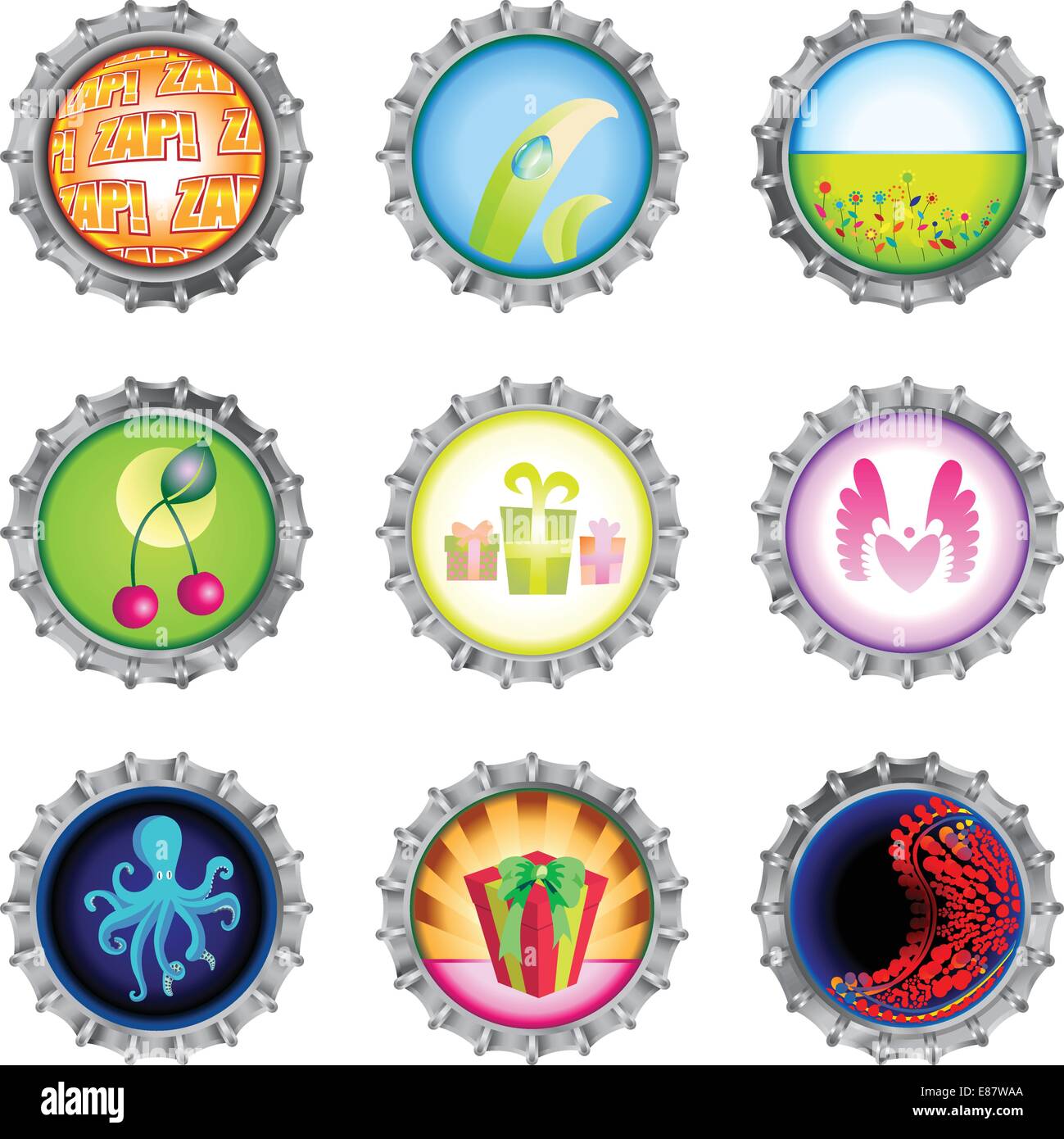 Vector illustration of bottle caps set, decorated with different ...