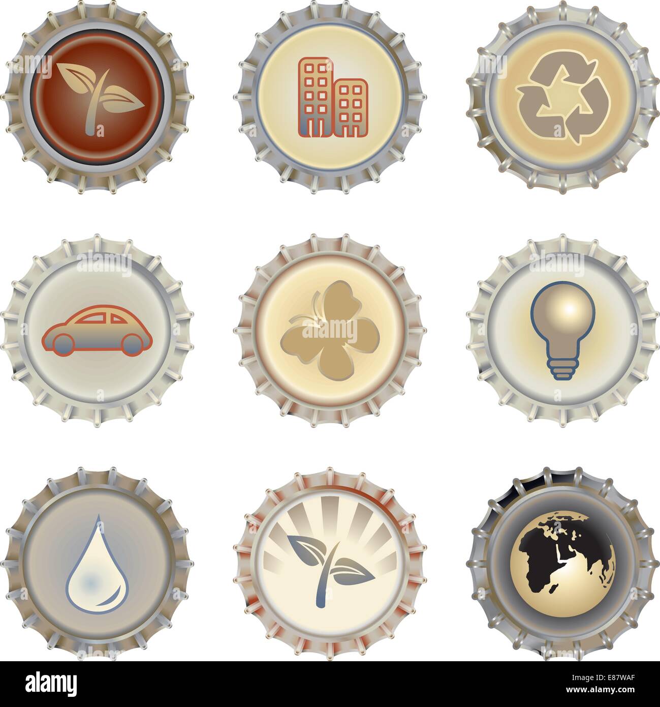 Vector illustration of bottle caps set, decorated with different ...