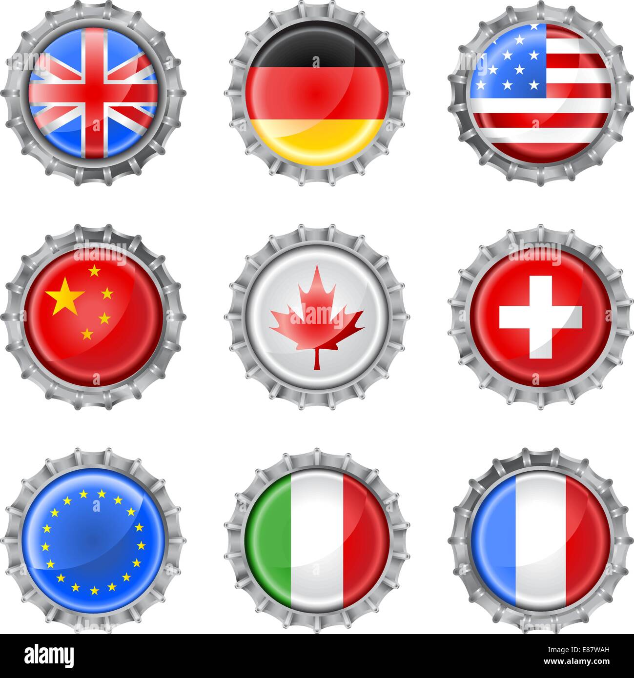 Vector illustration of bottle caps set, decorated with the flags of ...