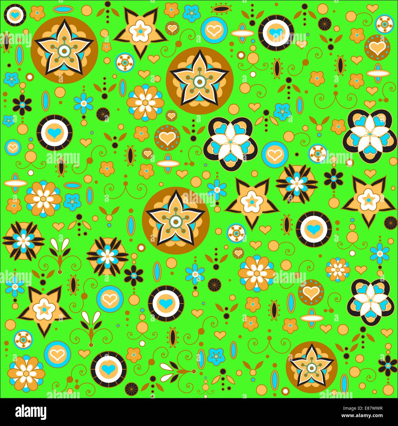 Vector illustration of multicolored funky flowers and leaves retro ...