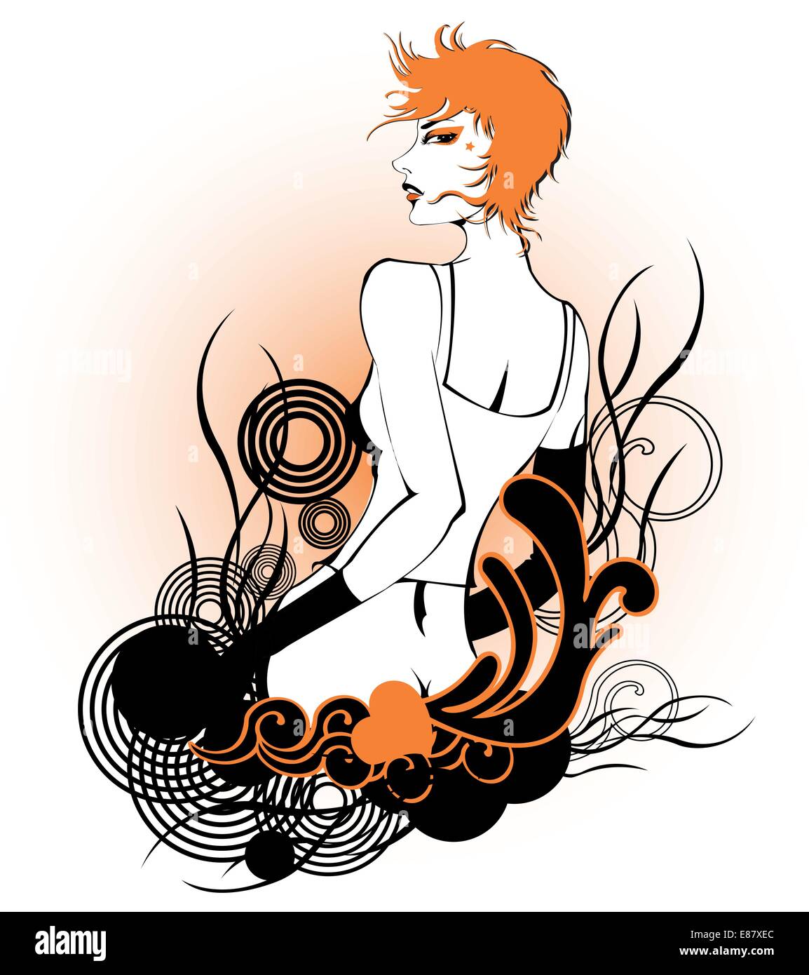 Vector illustration of beautiful young woman on the funky background ...
