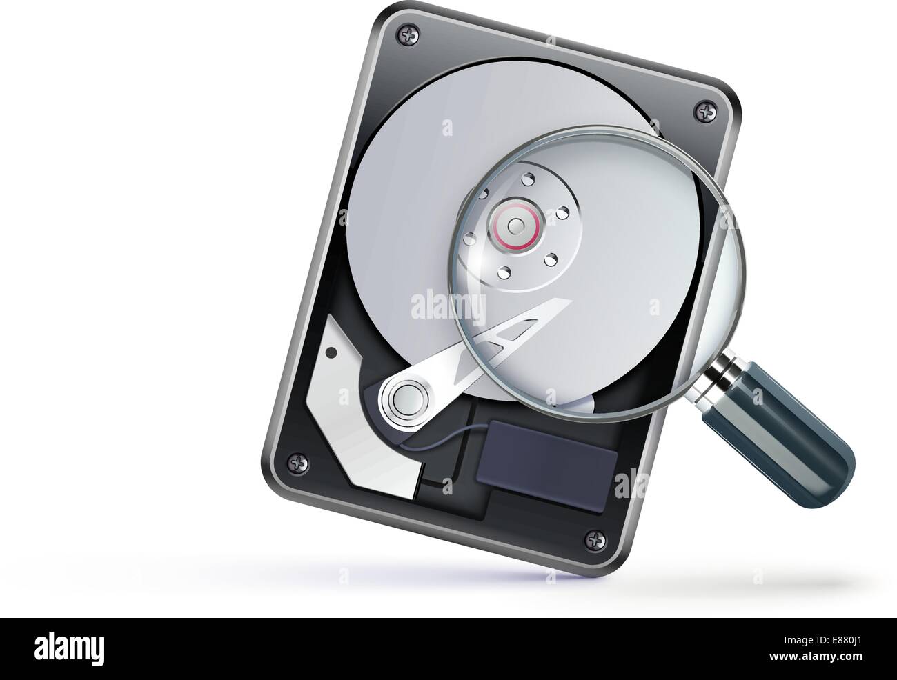 Vector illustration of data search concept with opened hard drive disk ...