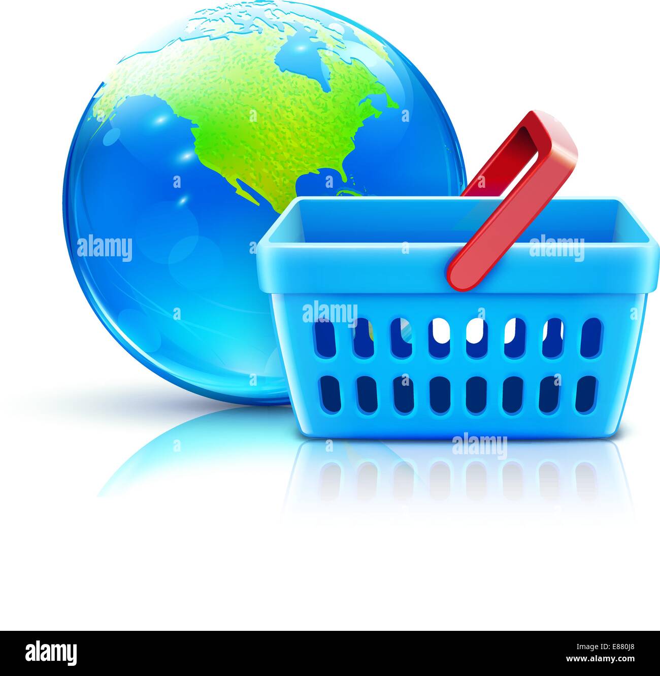 Vector illustration of global shopping concept with supermarket basket and cool glossy globe ...