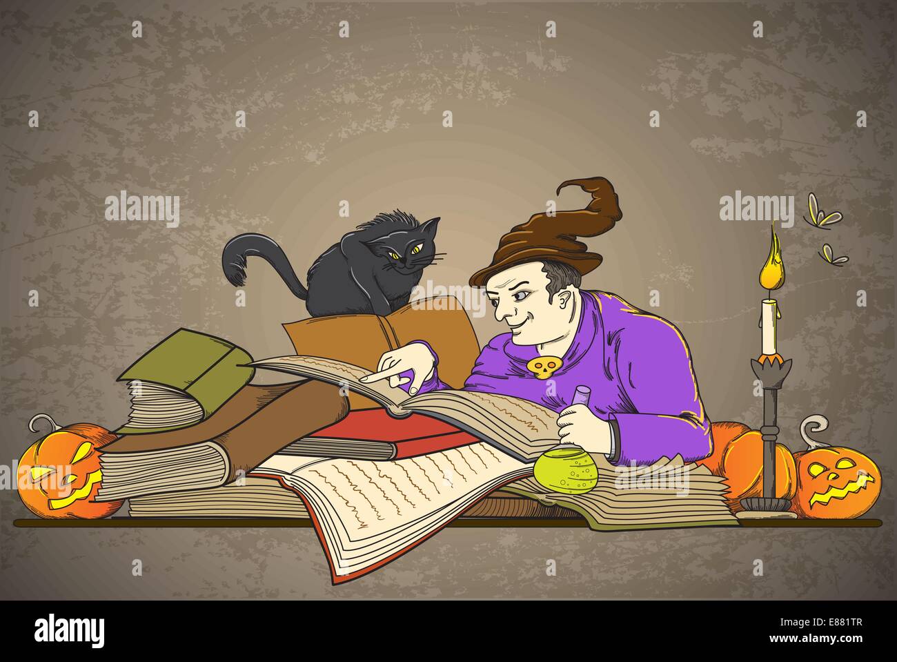 Vintage hand drawn Halloween background with wizard Stock Vector Image ...