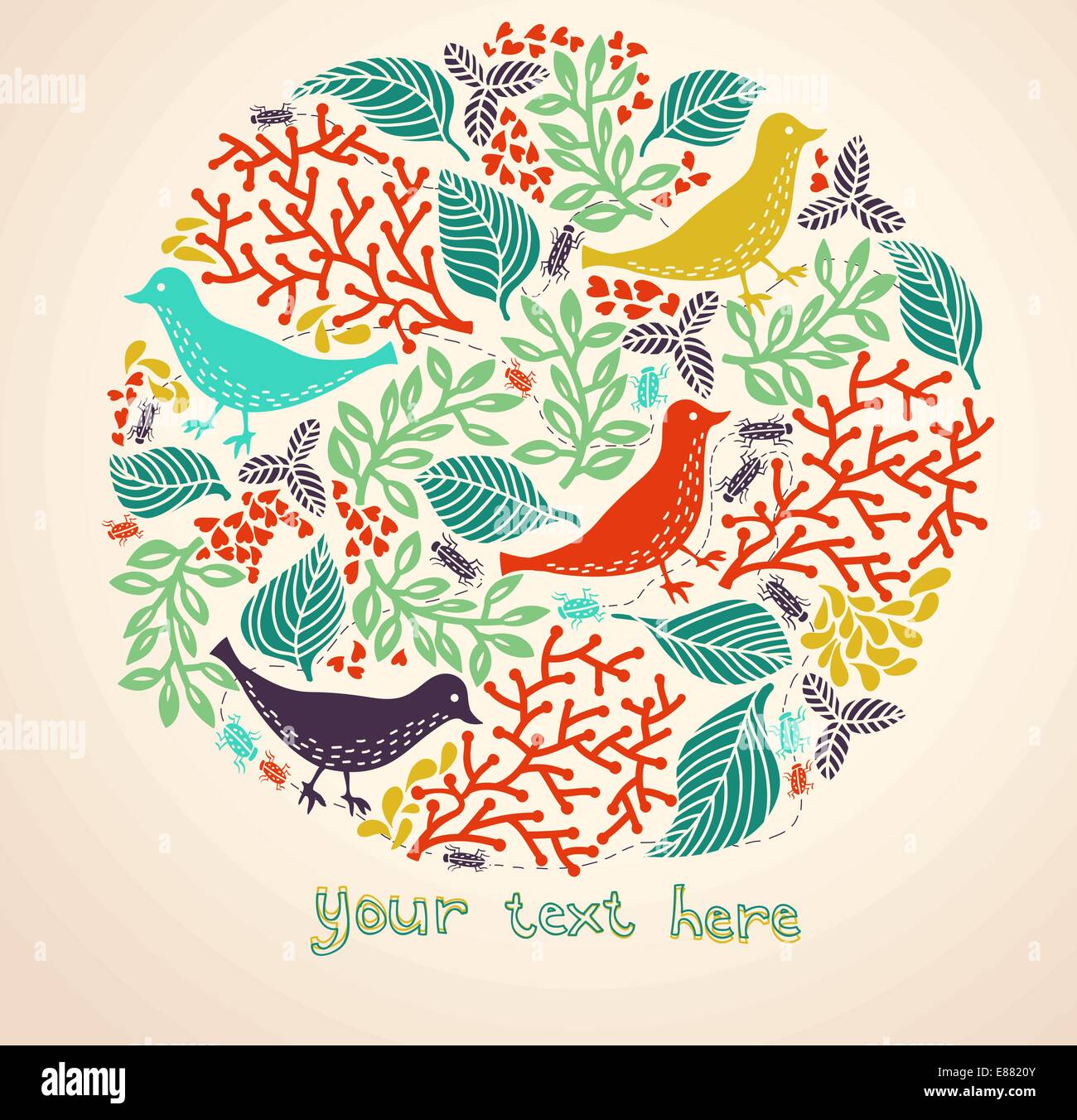 vector illustration of a floral circle with abstract birds and insects ...