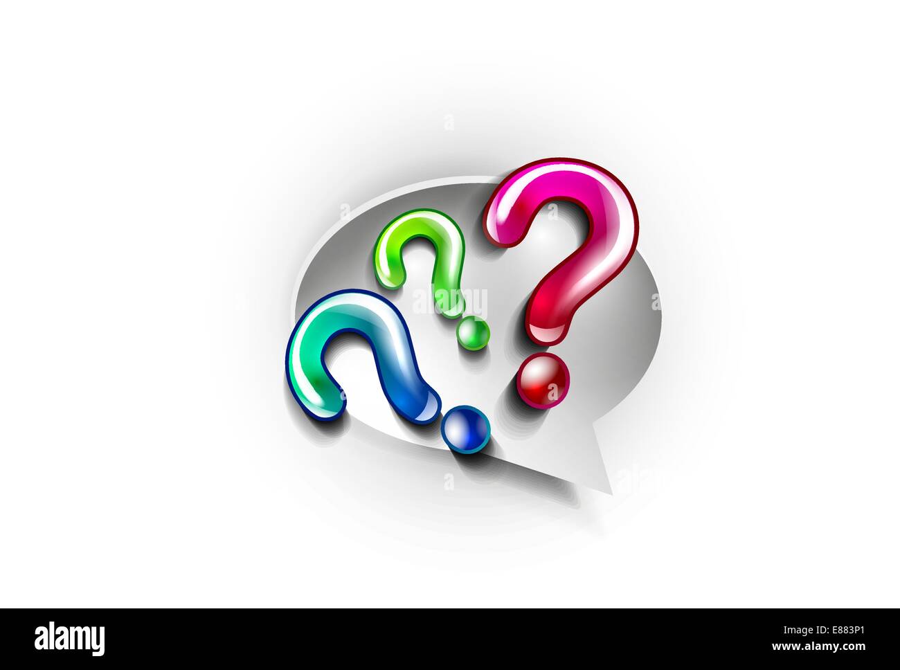 Paper speech bubble and colorful glossy question marks. Vector icon ...