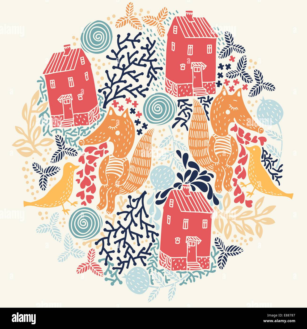 vector illustration of cute animals and abstract plants Stock Vector ...