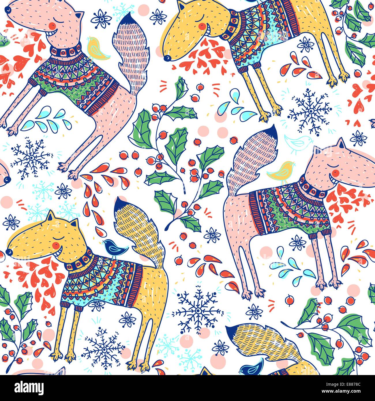 Christmas vector seamless pattern with smiling dogs and holly berries ...