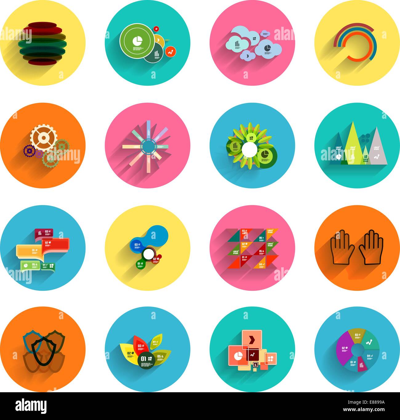 Infographic templates inside colorful circles. Set of flat icons with ...