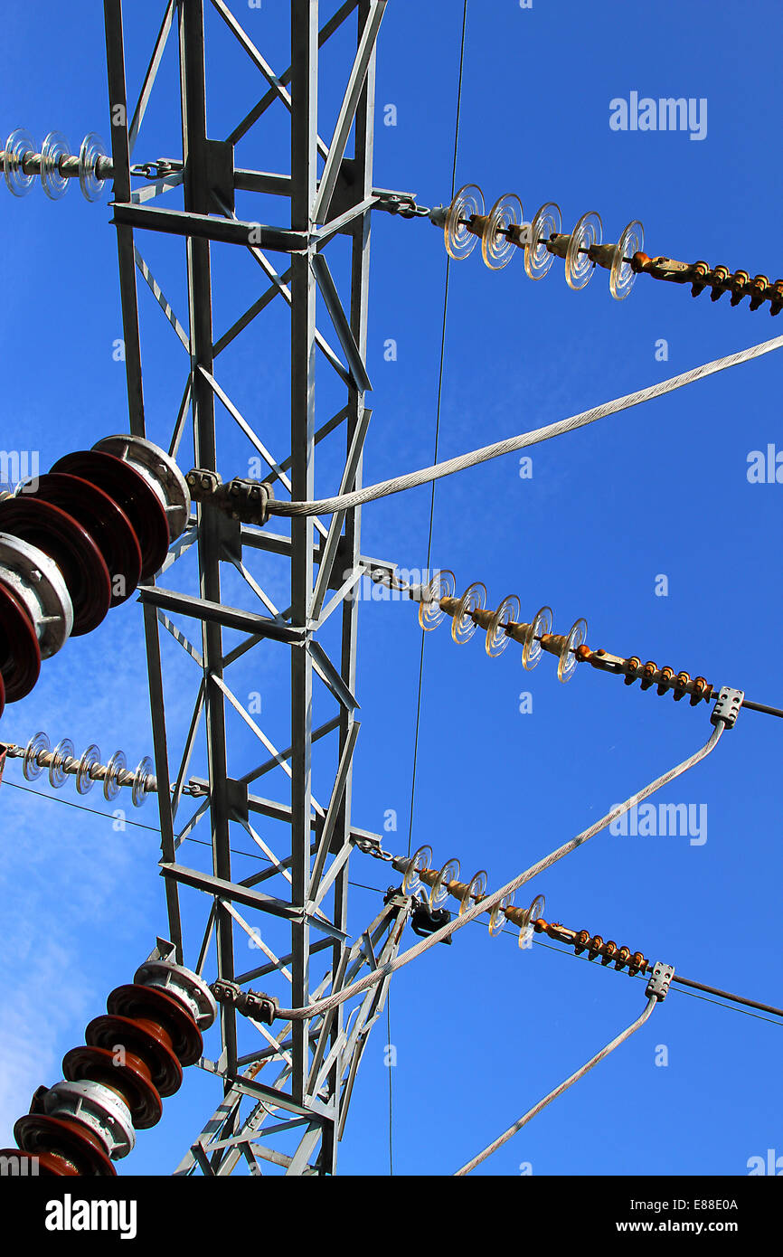 great insulators and electric cables in a large power plant Stock Photo ...