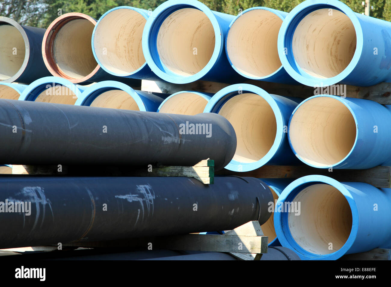 huge blue tubes for waterworks and sewer system of the city Stock Photo ...