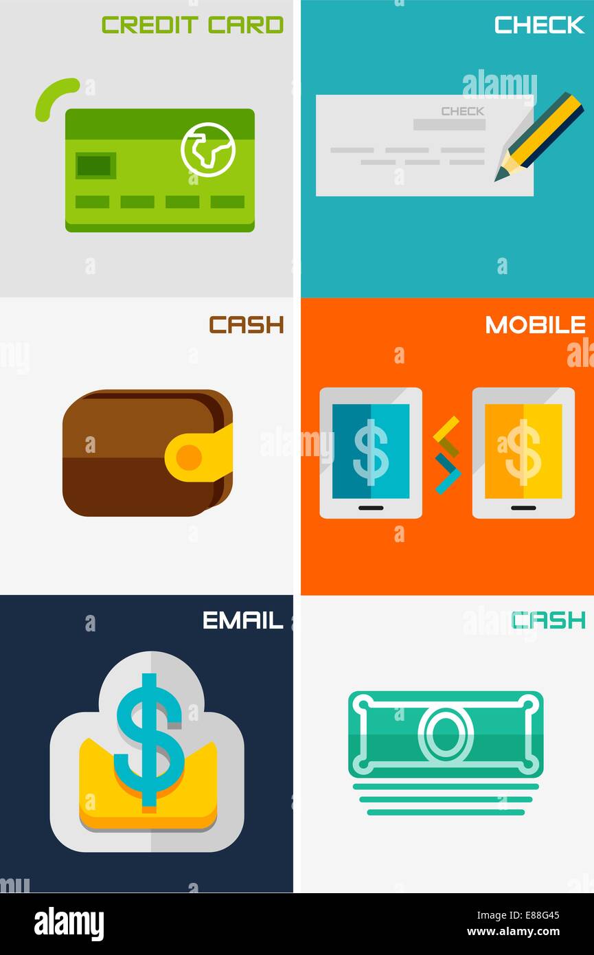 Set of flat design concepts - payment methods / solutions. Credit card ...