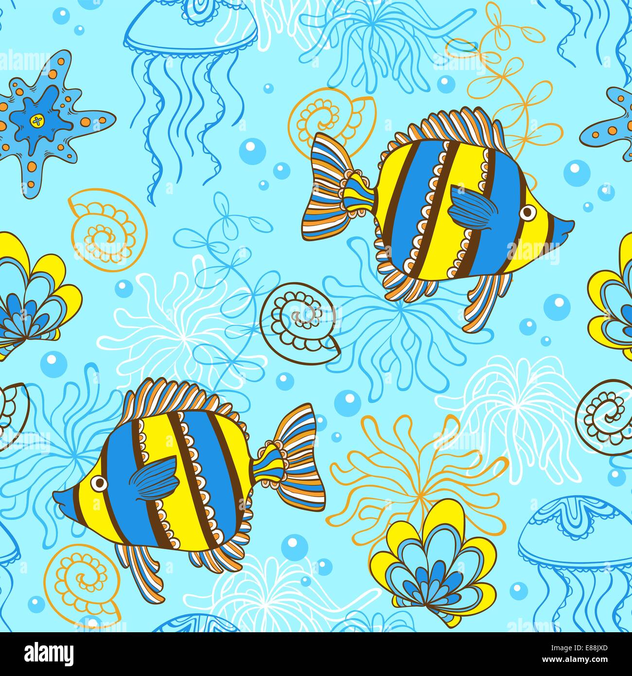 Vector marine seamless pattern with fishes and shells Stock Vector ...