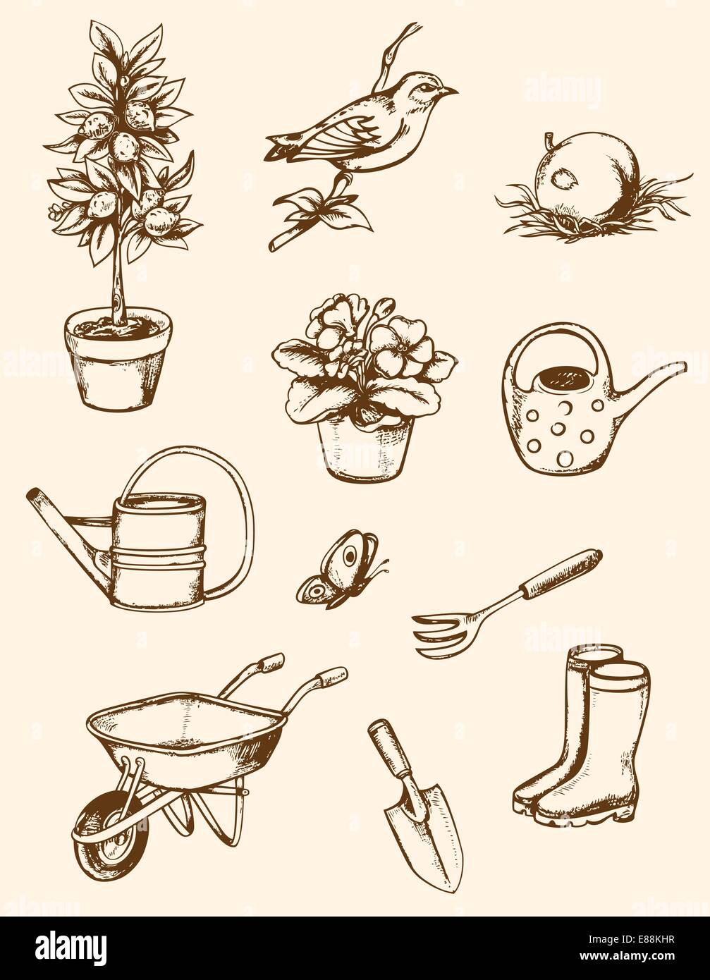 Set of vintage hand drawn garden tools Stock Vector Image & Art - Alamy