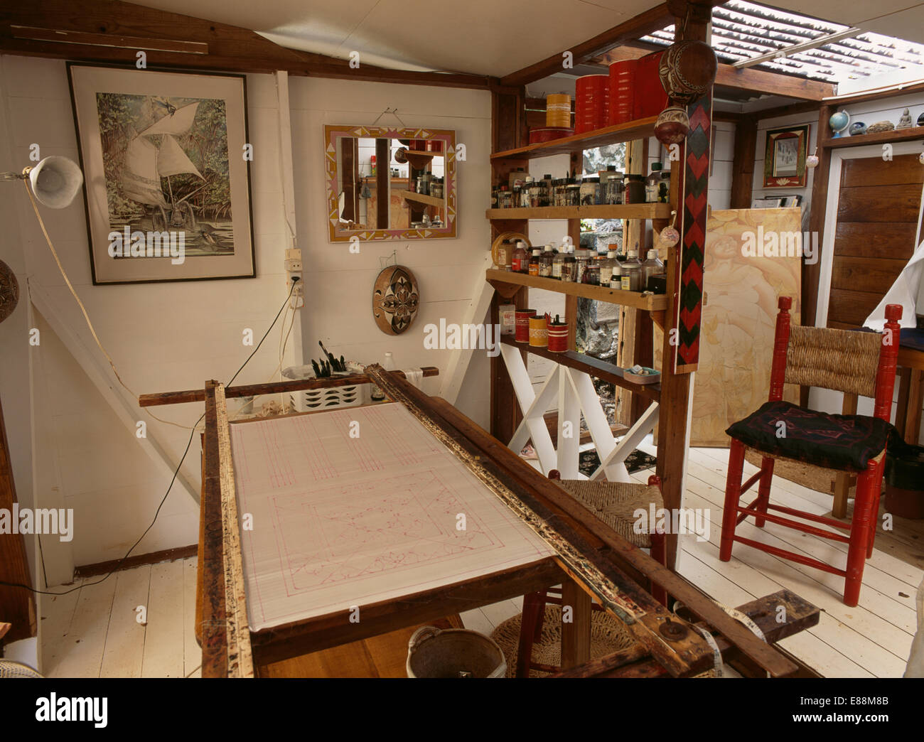 wooden frame used for stretching silk in artist's studio hut Stock ...