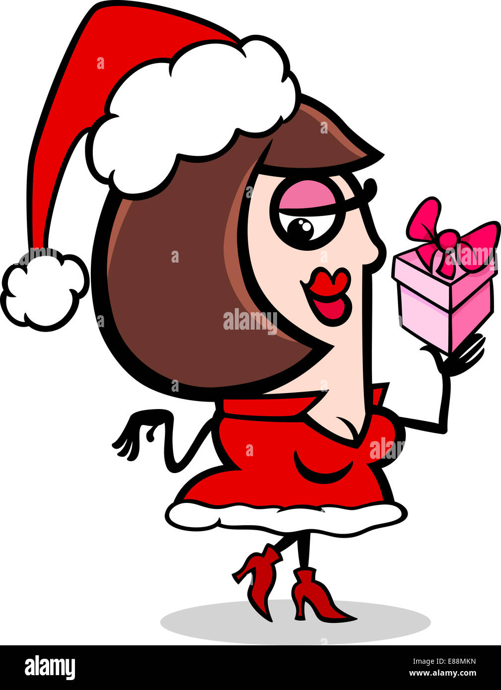 Cartoon Illustration of Cute Woman Santa Claus Character with Christmas ...