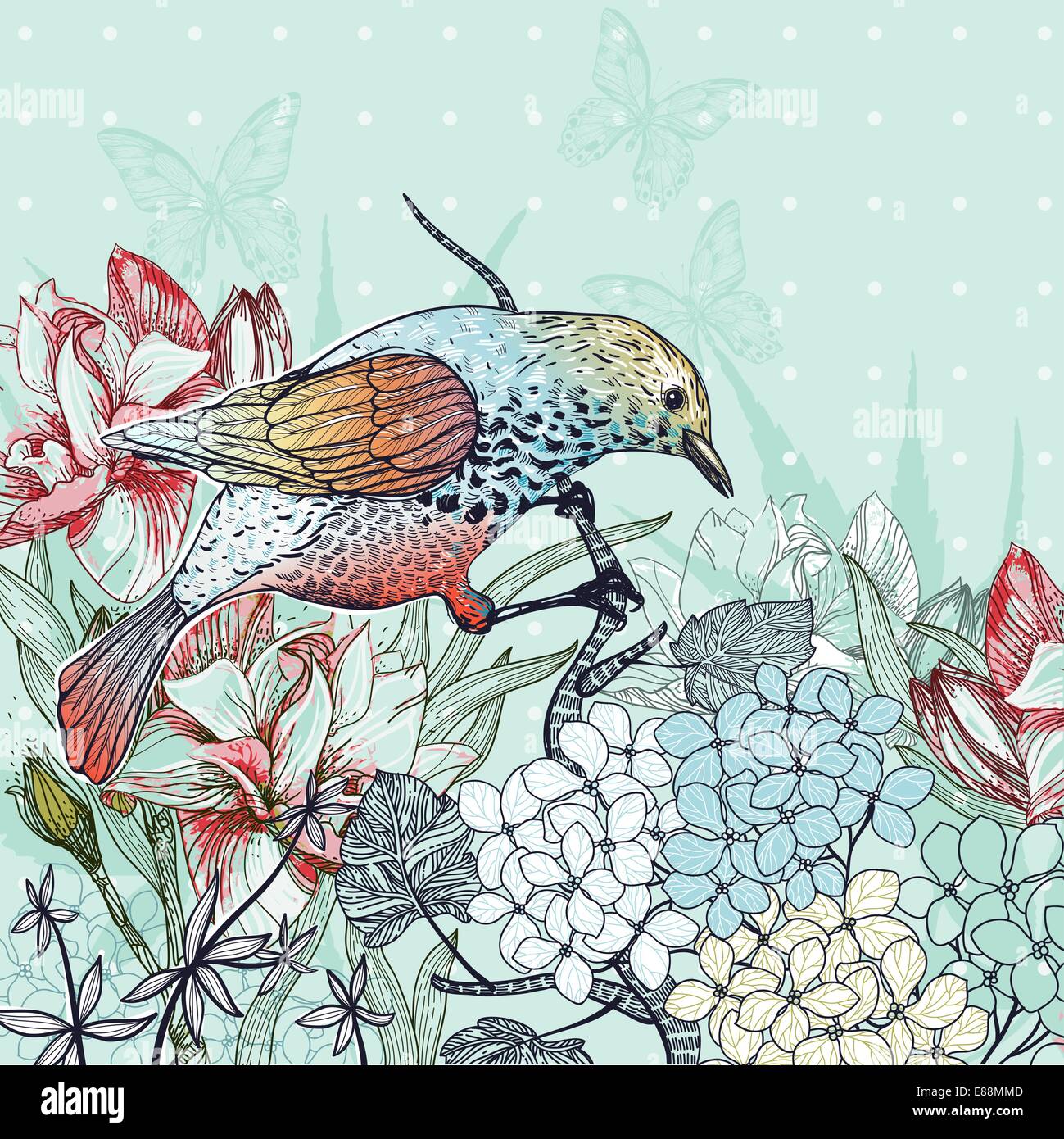 vector floral illustration of a wild bird and blooming flowers Stock ...