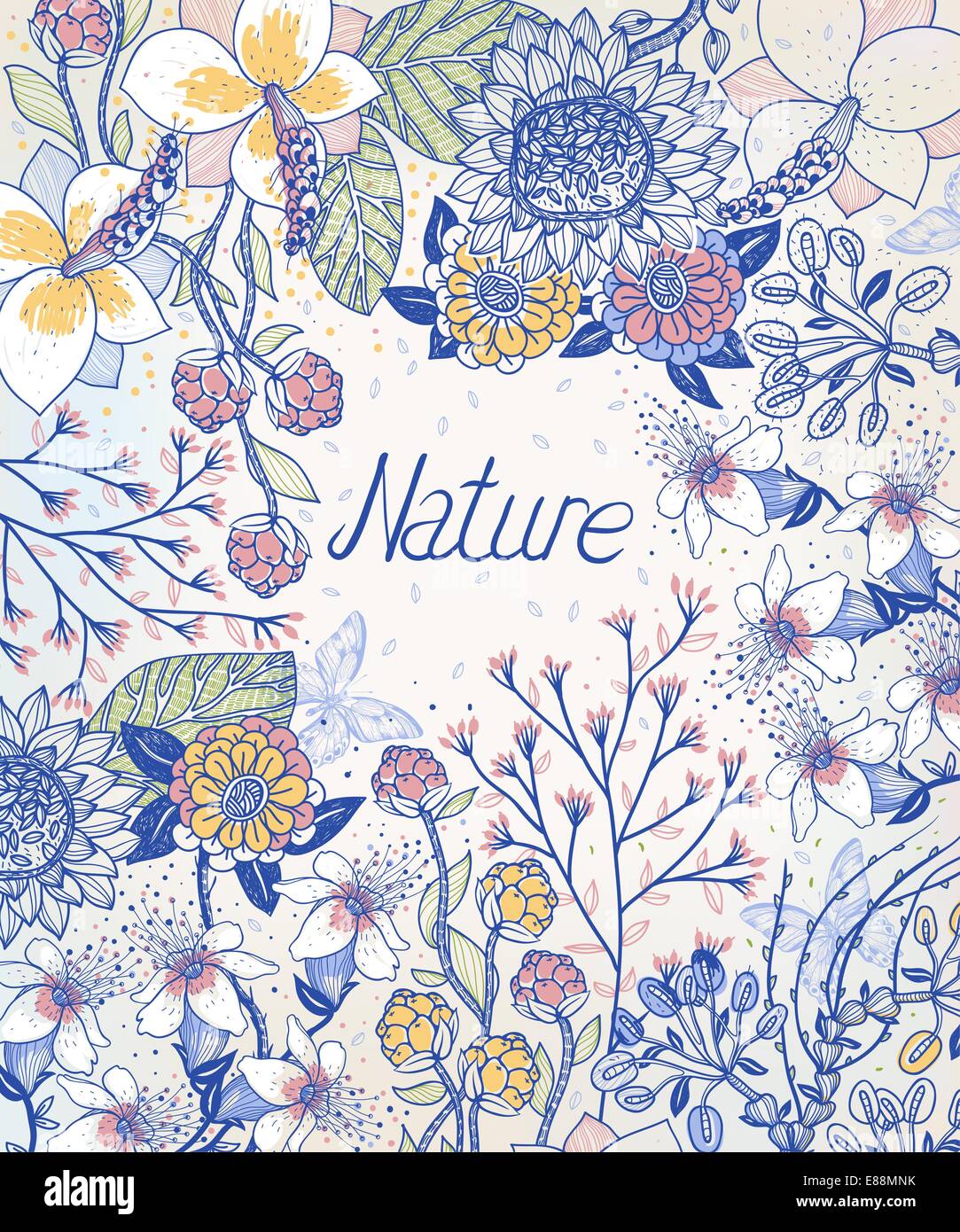 vector floral background with blooming flowers and plants Stock Vector ...