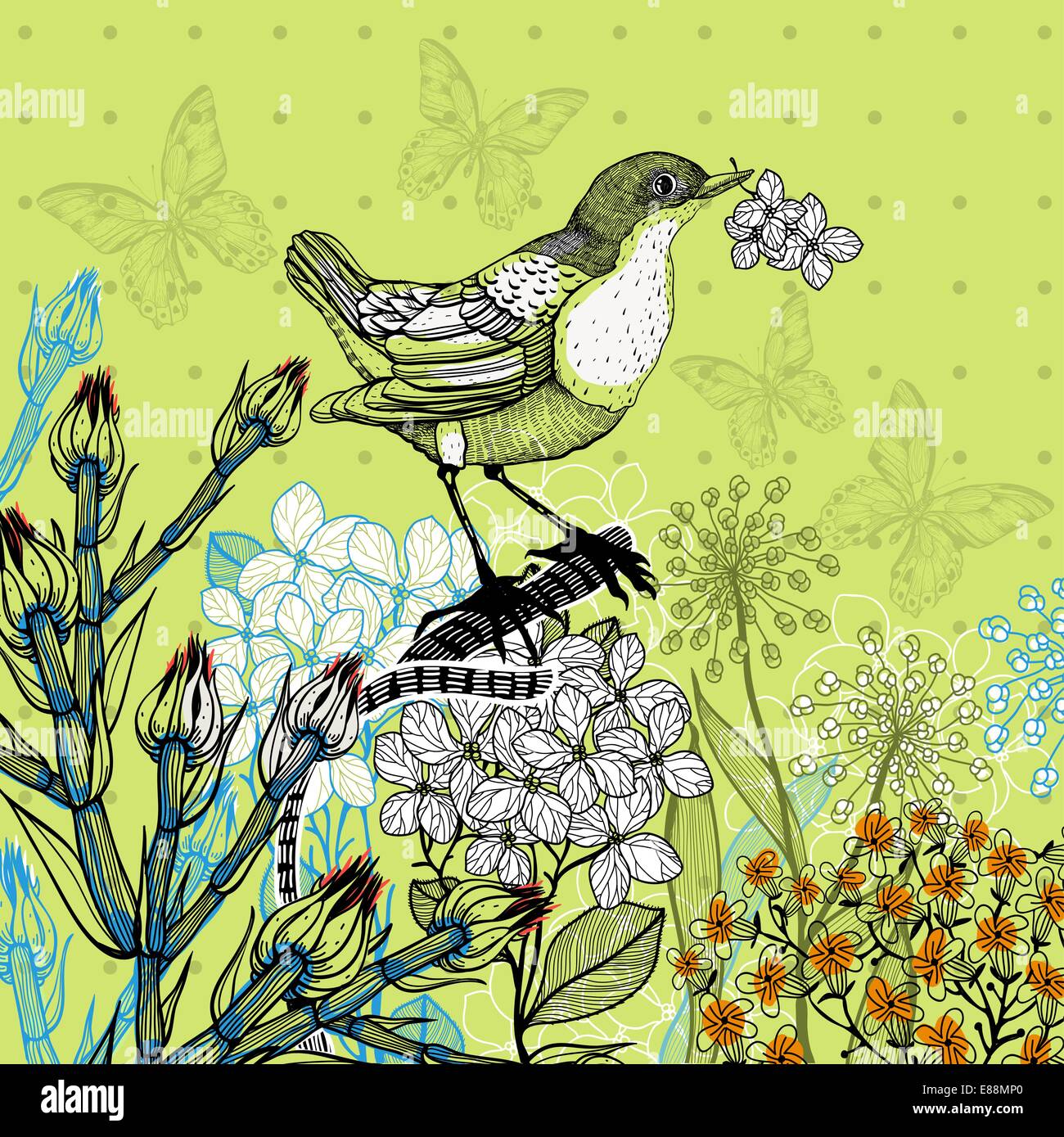 vector illustration of a bird and blooming flowers Stock Vector Image ...