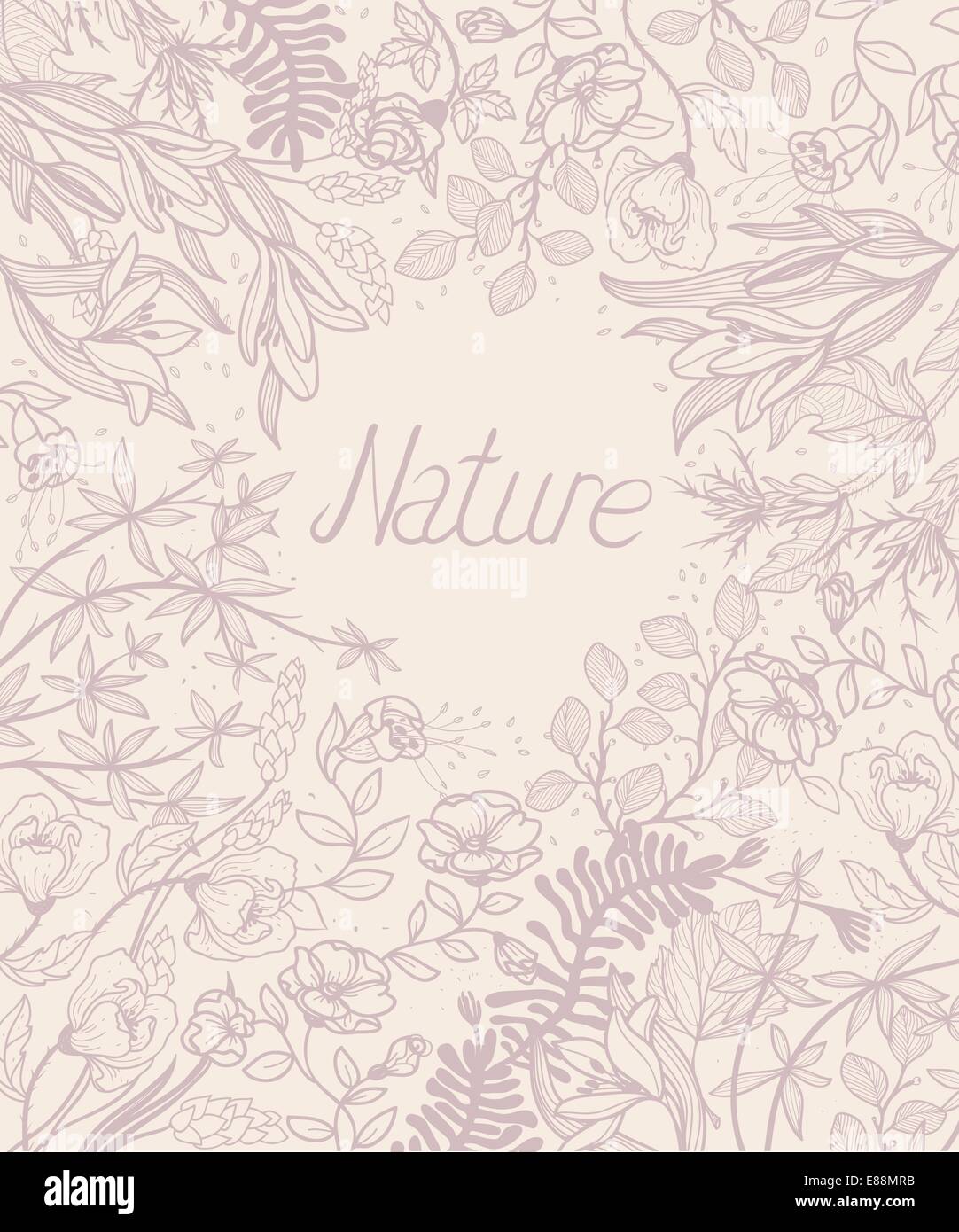 vector floral background with hand drawn plants and blooming flowers ...