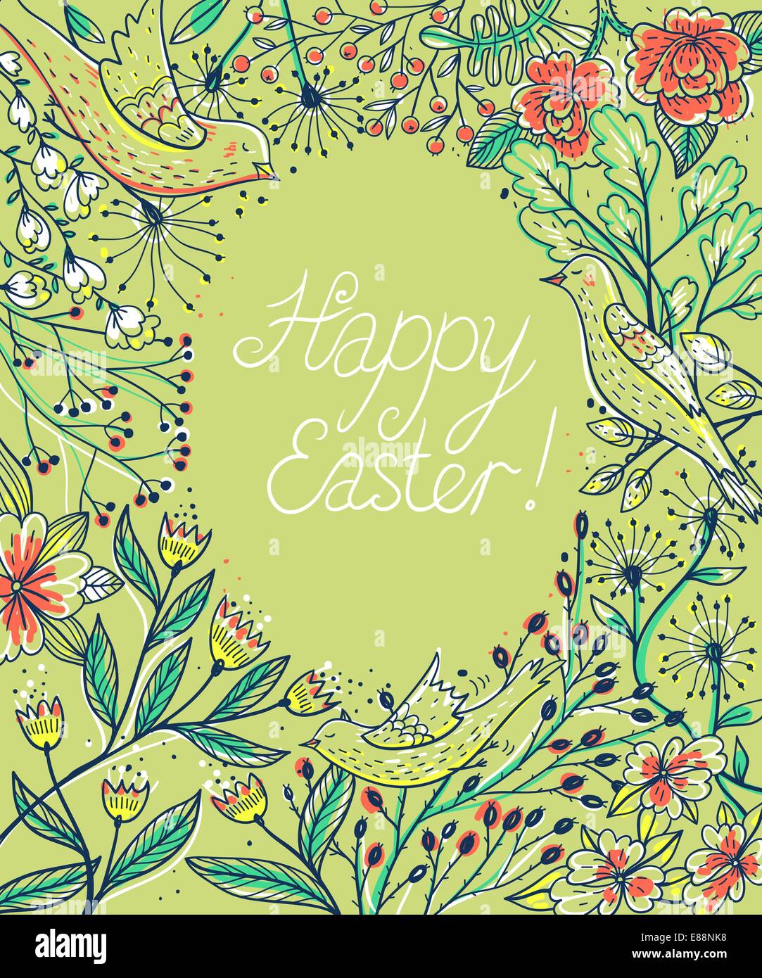 Easter vector floral background with blooming flowers and plants Stock ...