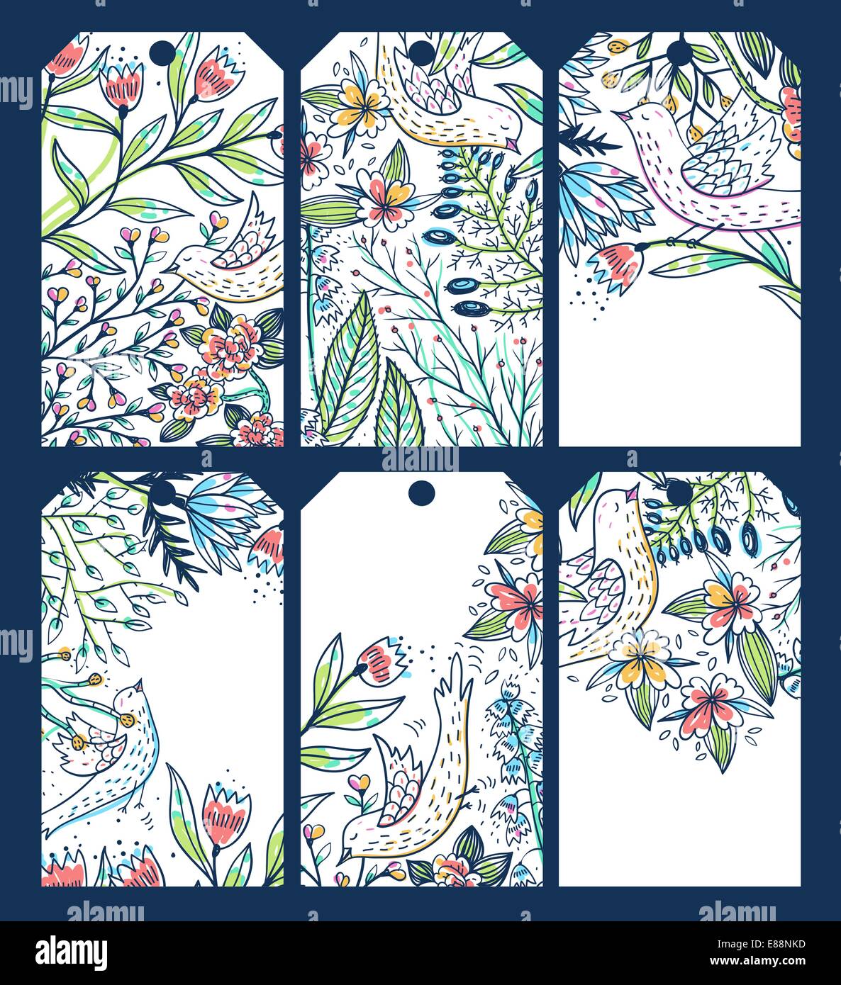 vector set of floral tags with colorful blooming flowers and funny ...