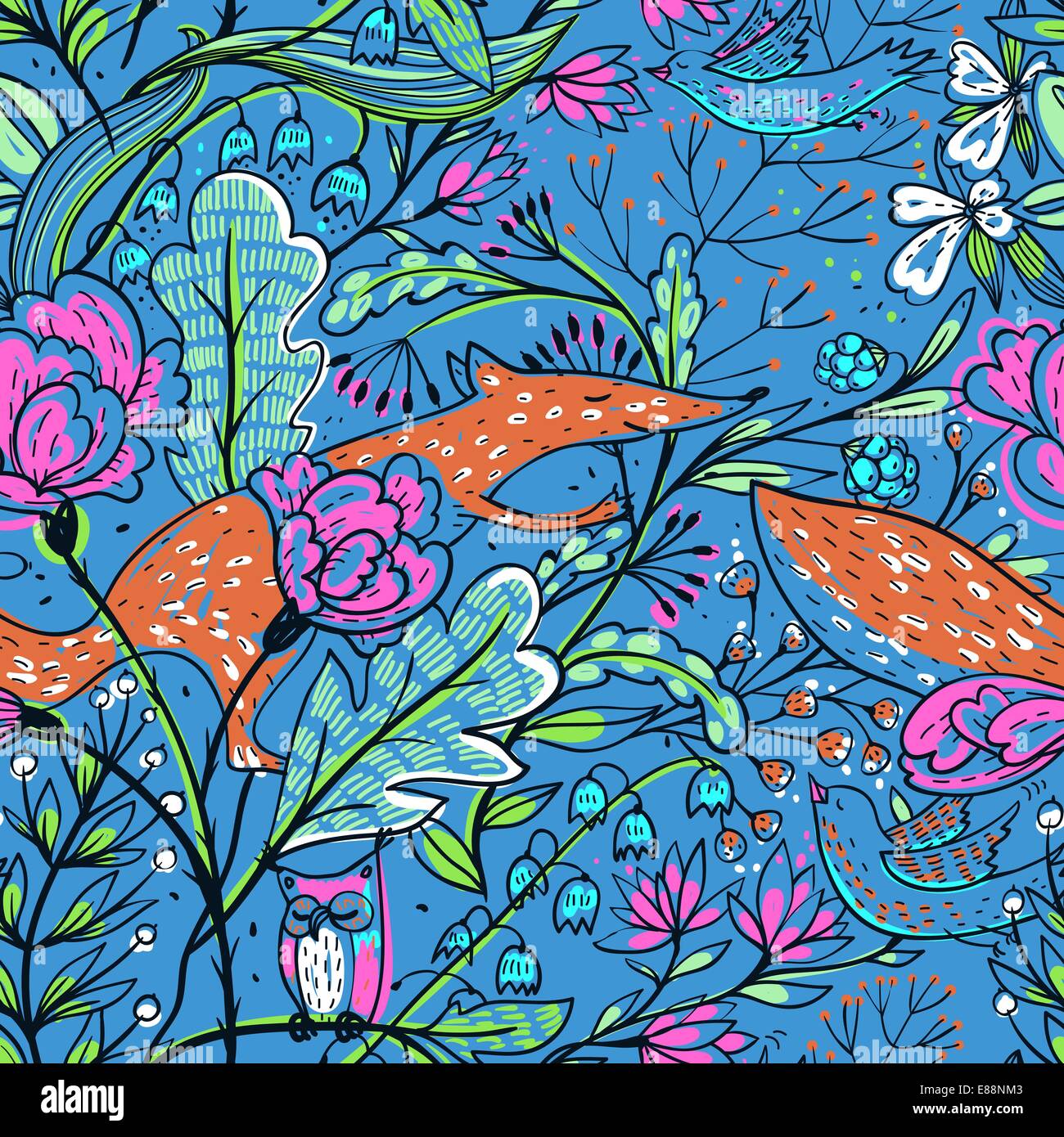 vector floral seamless pattern with blooming flowers and cute animals ...