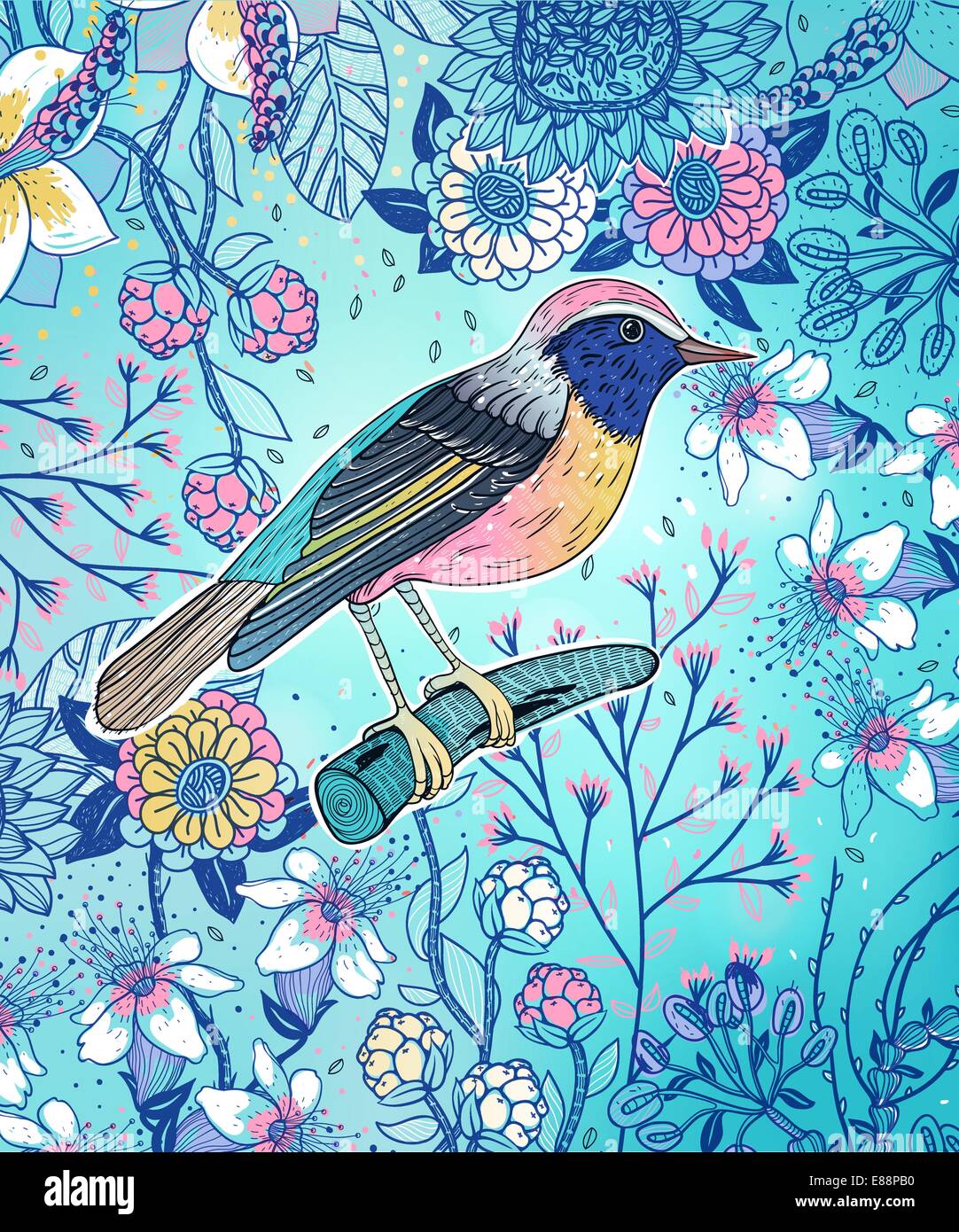 vector floral illustration of a bird with blooming flowers on a bright ...