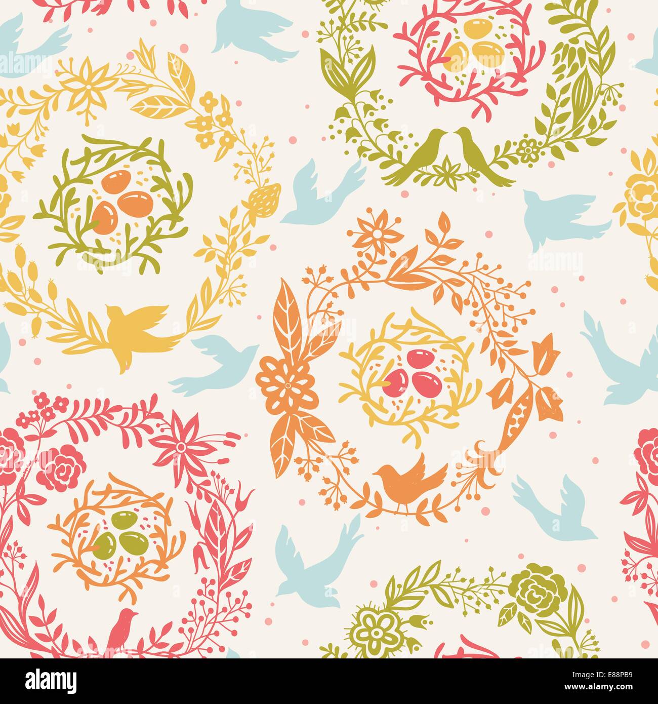 vector floral seamless pattern with floral garlands, birds and nests ...