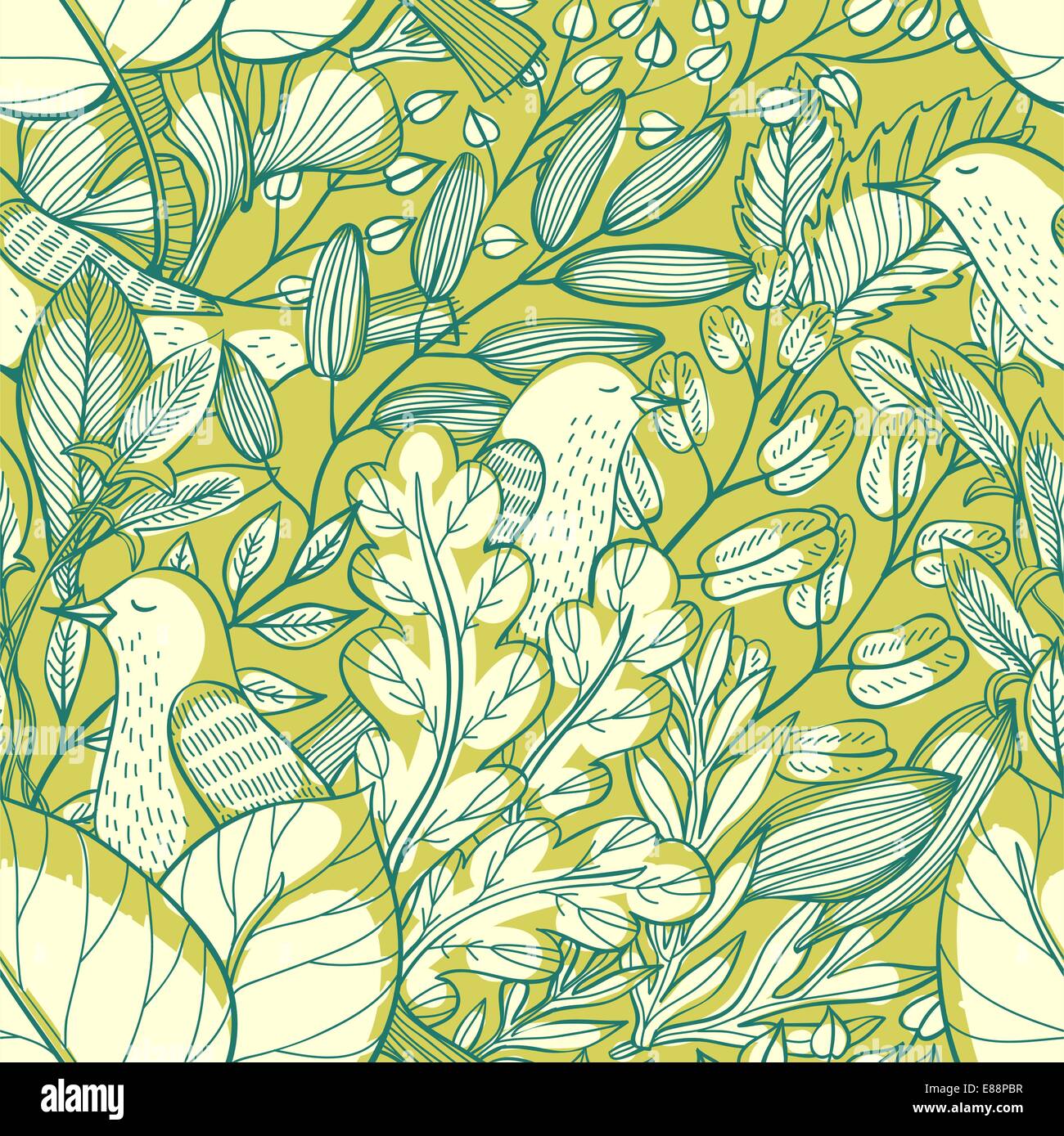 vector floral seamless pattern with leaves and birds Stock Vector Image ...