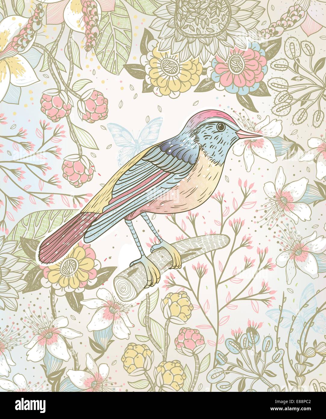 vector illustration of a bird and blooming flowers Stock Vector Image ...