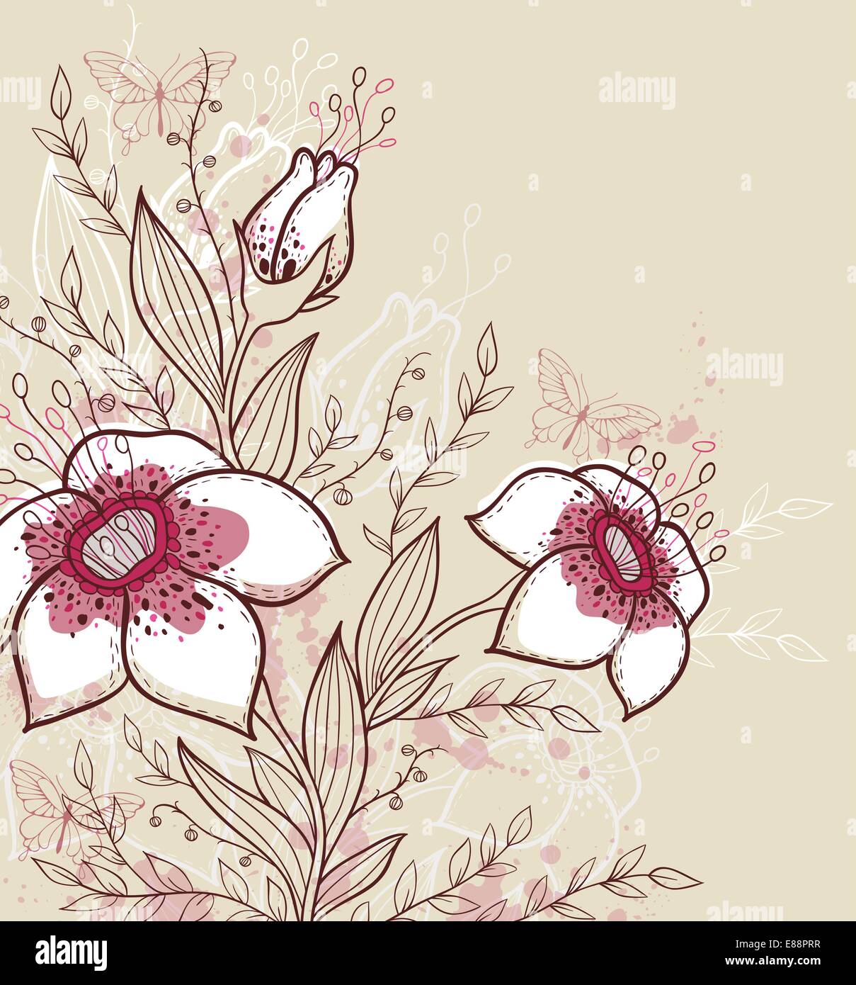 Hand drawn decorative vector background with red flowers Stock Vector ...