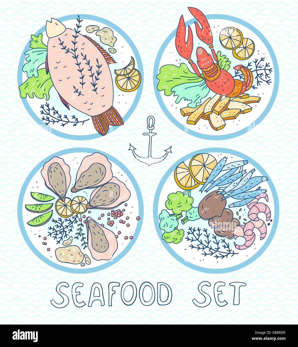 vector set of hand drawn plates with sea food Stock Vector Image & Art ...