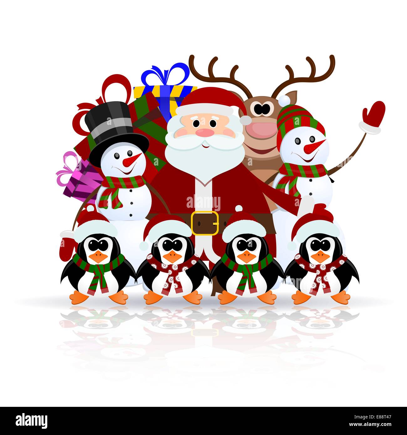Santa Claus, penguins, reindeer and snowman on the ice - greeting card ...