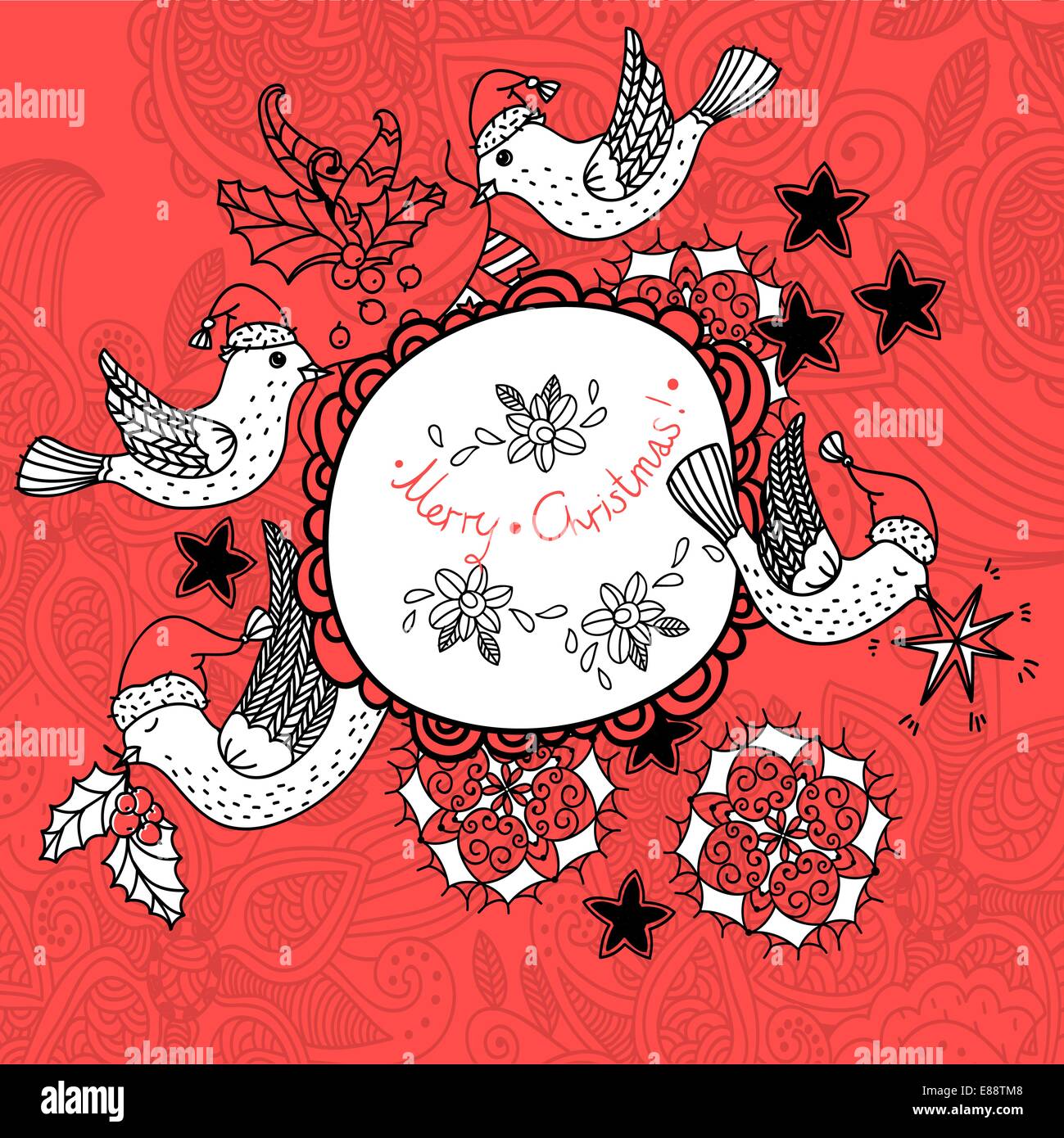 Christmas vector frame with flying birds and Christmas decorations ...
