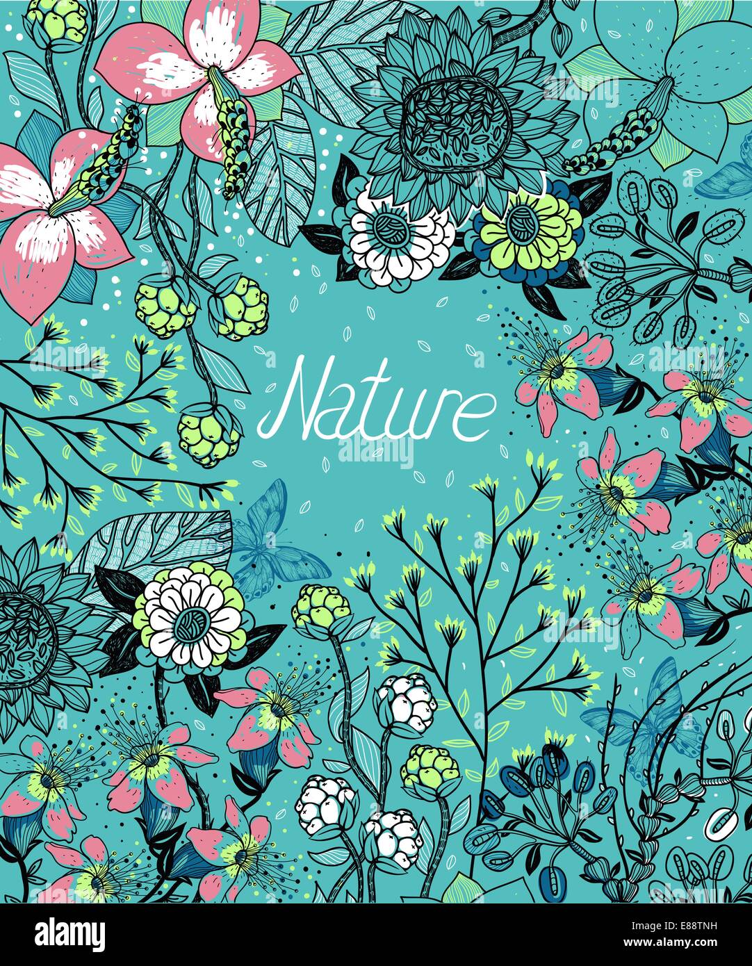 vector floral background with blooming flowers and plants Stock Vector ...