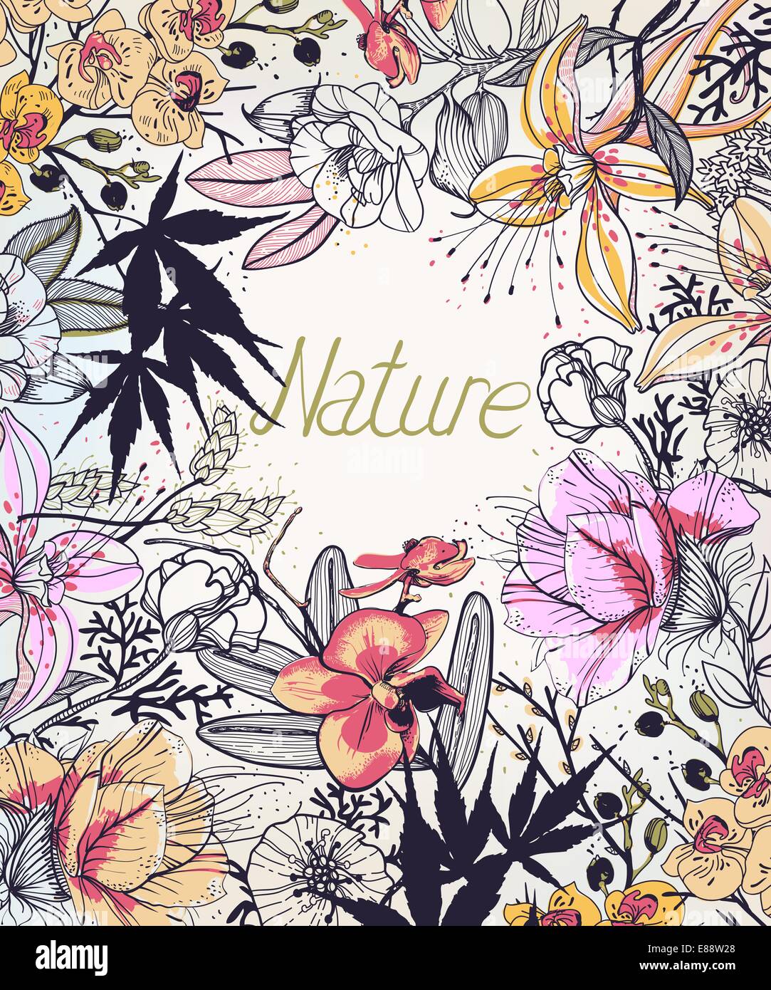 vector floral background with blooming flowers,plants and herbs Stock ...